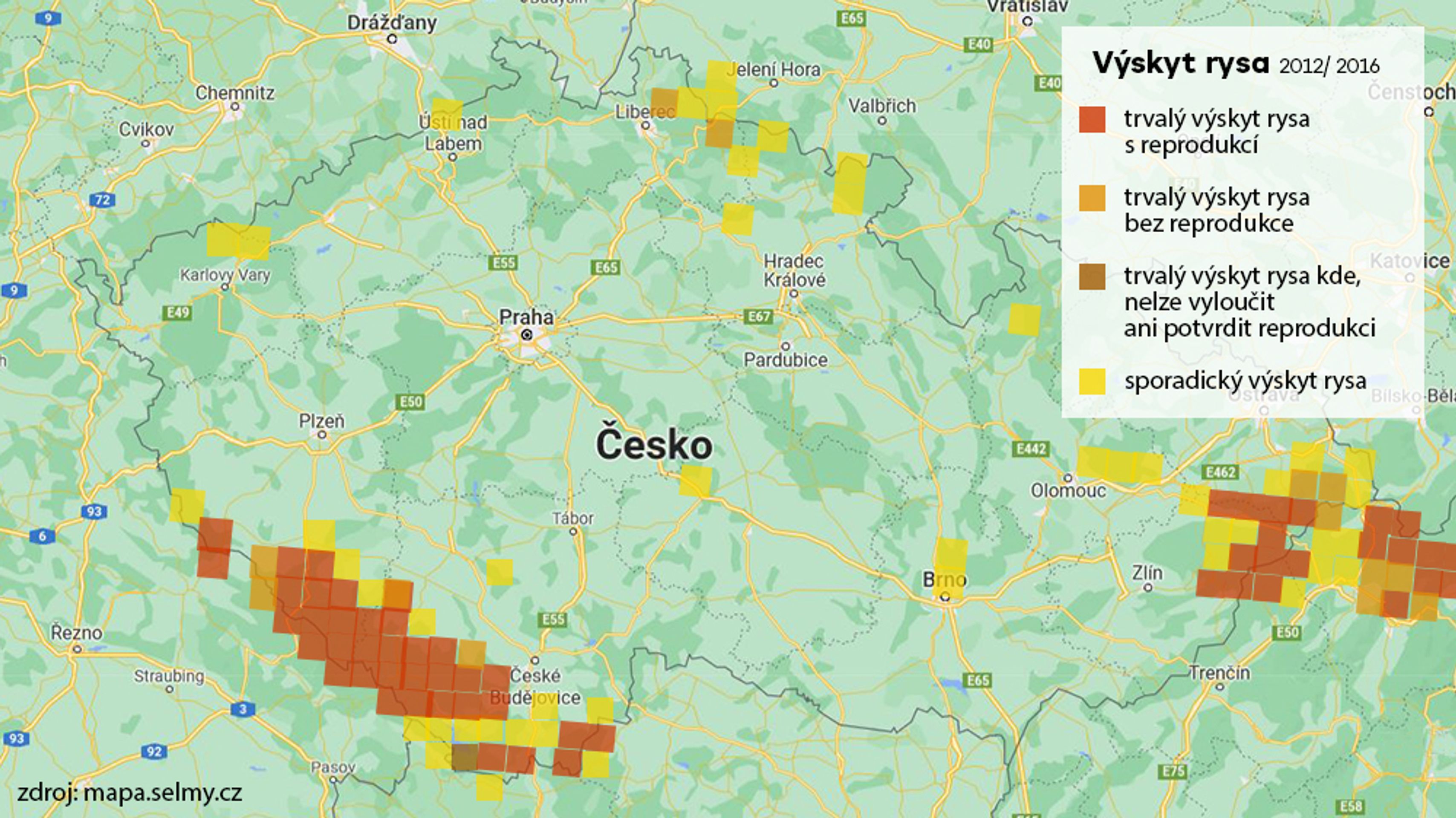 mapa - Výskyt medvěda | Galerie: Mapy výskytu šelem v ČR | TN.cz